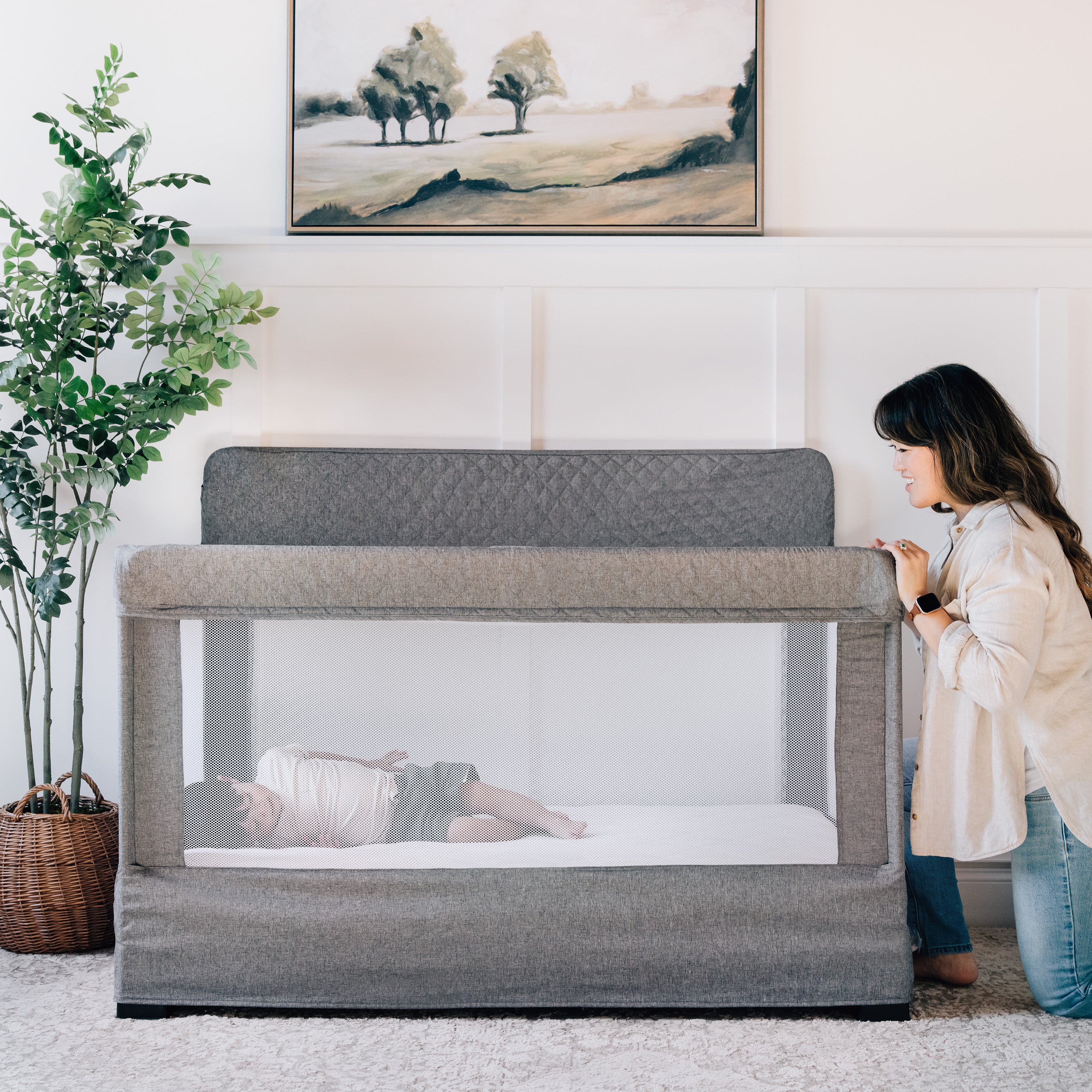 Lunaire Full Size Mesh Crib and Playard - Charcoal Tweed | Baby Delight
